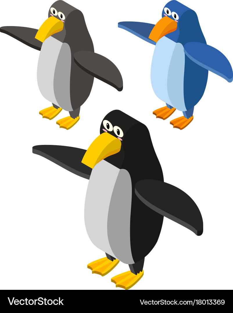 Three penguins in 3d design Royalty Free Vector Image