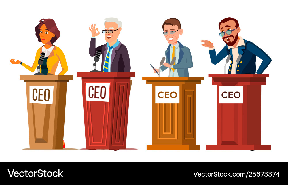 Character ceo talking from tribune set Royalty Free Vector