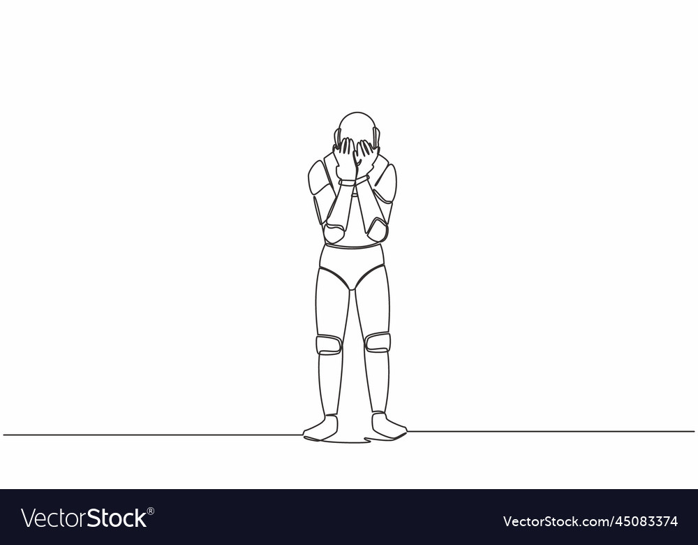 Continuous one line drawing robot cover his face Vector Image