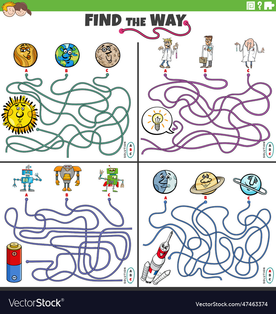 Find the way maze games set with cartoon Vector Image