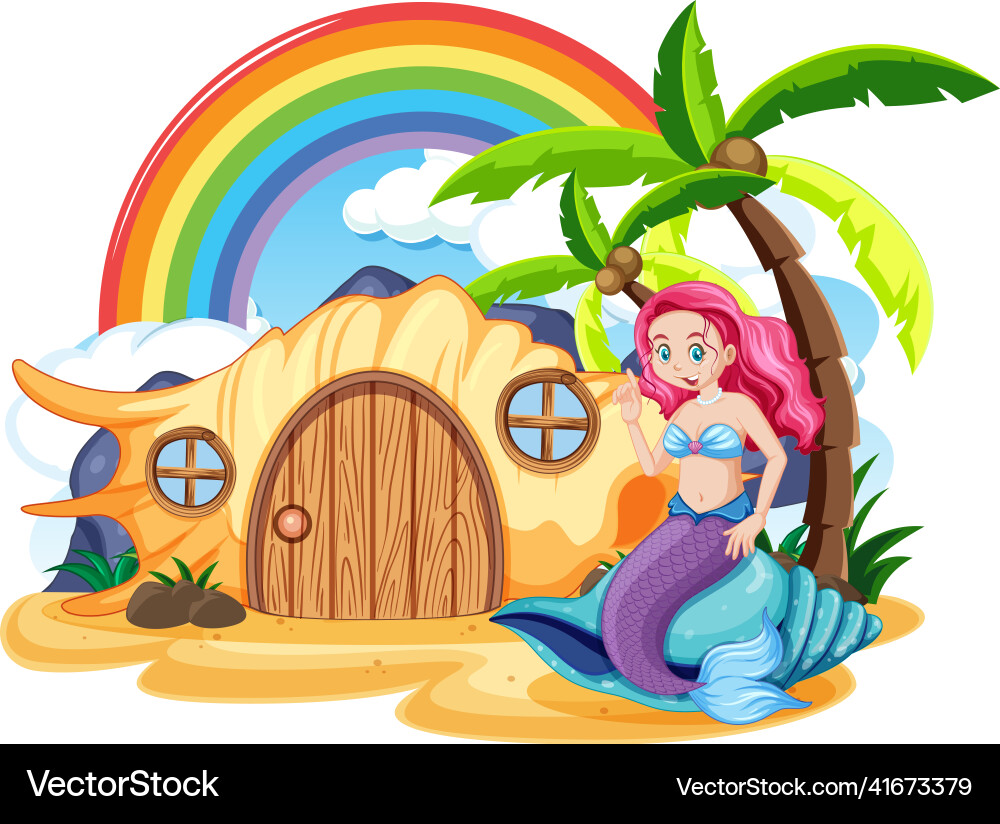 Shell house on island with mermaid Royalty Free Vector Image