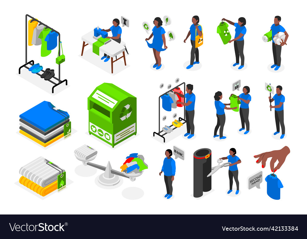Sustainable fashion isometric recolor set Vector Image Sustainable fashion isometric recolor set Vector Image