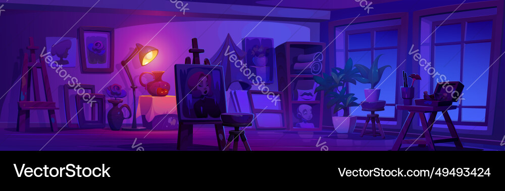 Night art studio room interior with equipment Vector Image