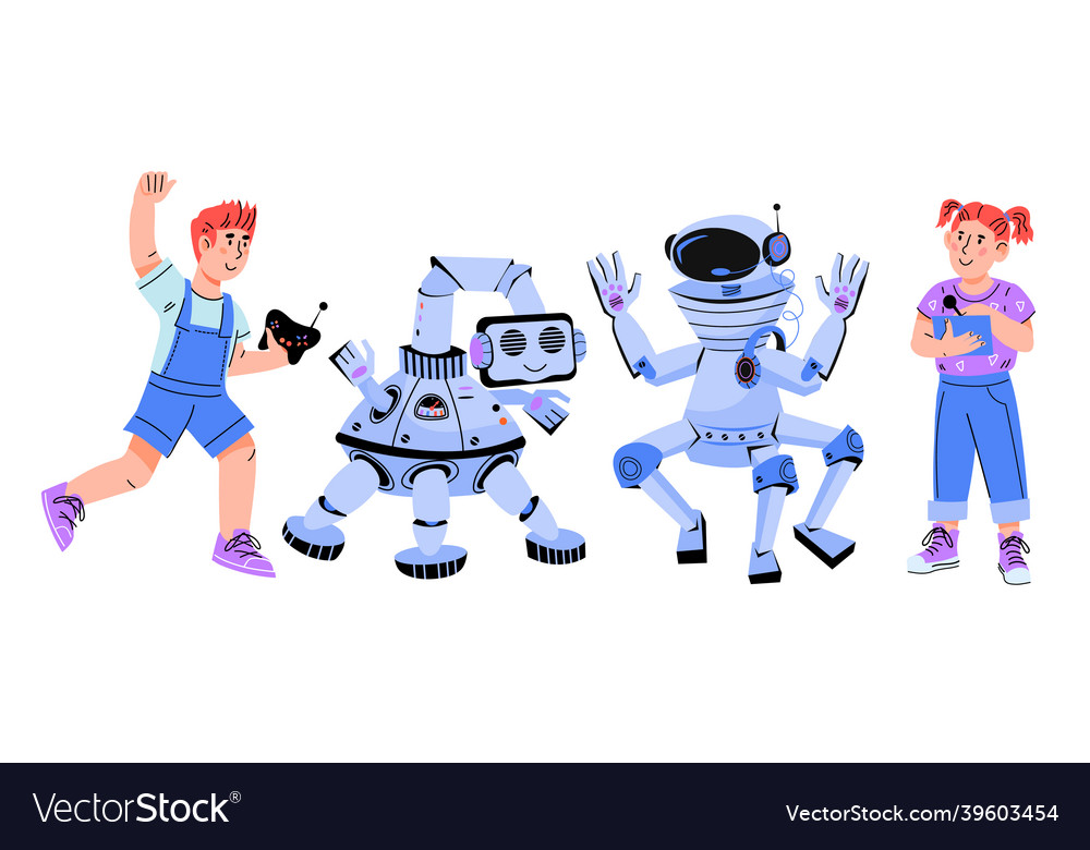 Children build and program robots teaching Vector Image