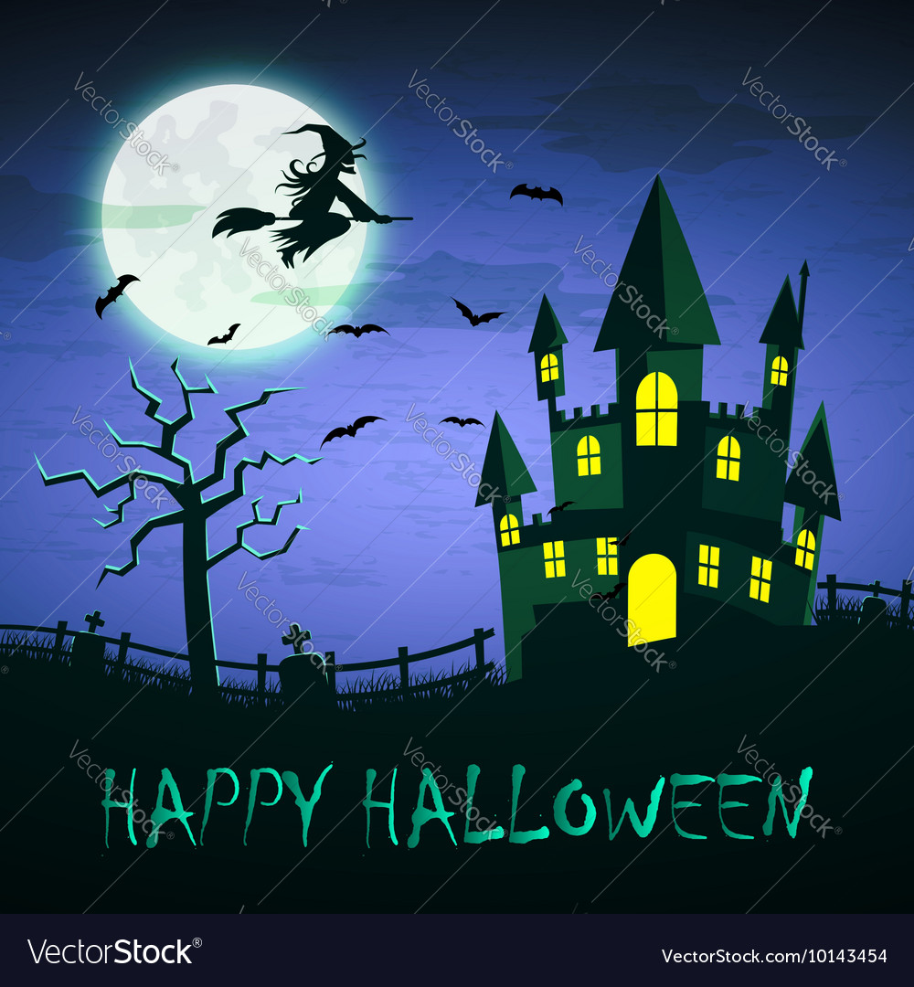 Witch flying over haunted castle with full moon Vector Image