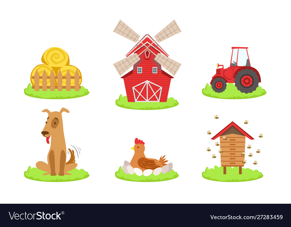 Different farm elements set animals Royalty Free Vector