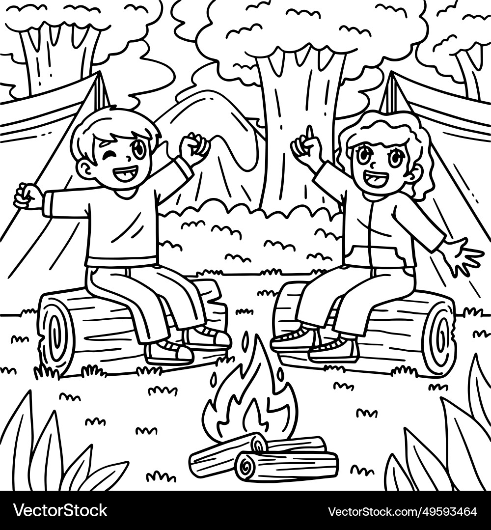 Camping campers telling stories coloring page Vector Image