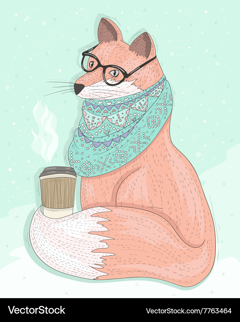 Cute hipster fox with glasses drinking hot coffee Vector Image