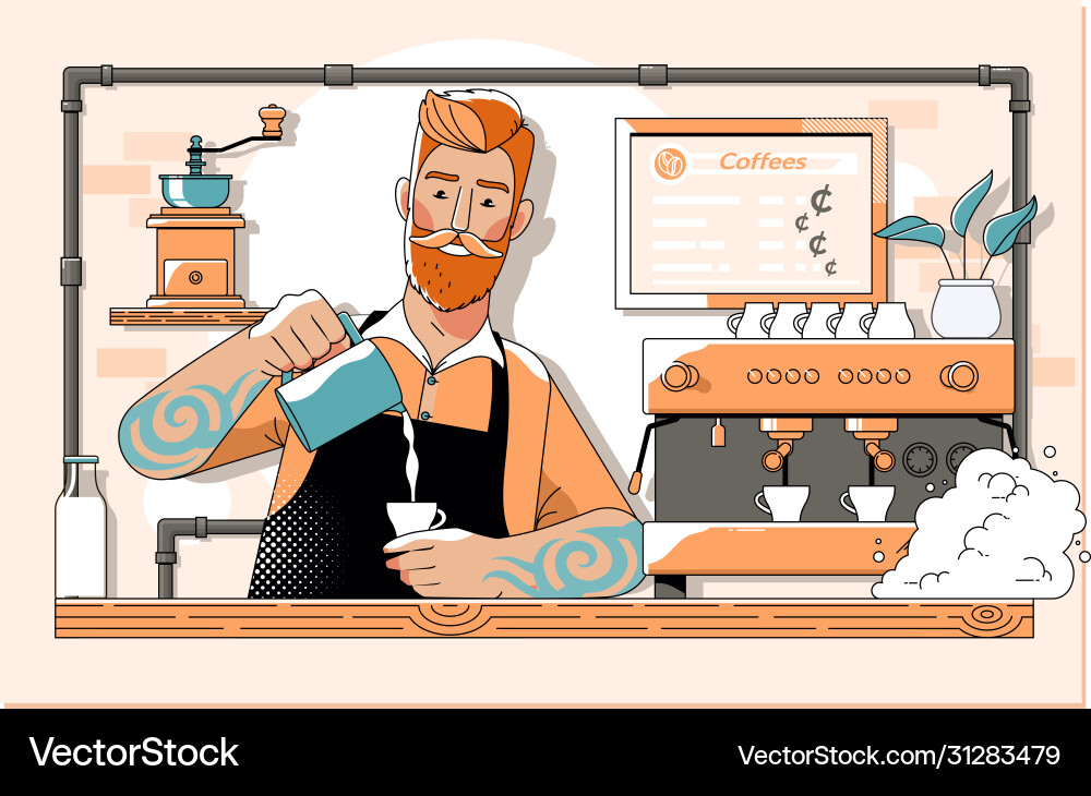 Handsome barista preparing cup coffee Royalty Free Vector