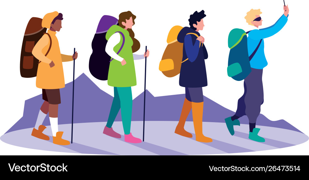 Young group people with backpack hiking Royalty Free Vector