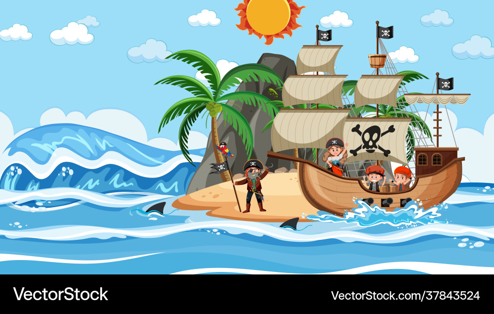 Beach with pirate ship at daytime scene Royalty Free Vector