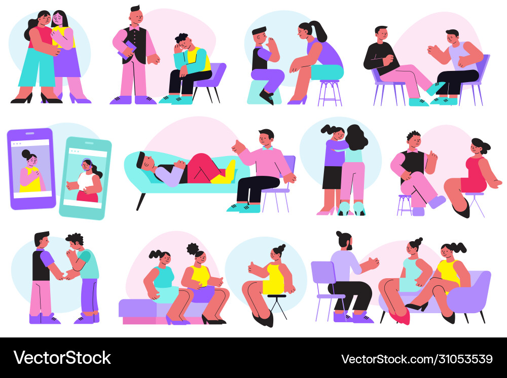 Psychological support flat set Royalty Free Vector Image