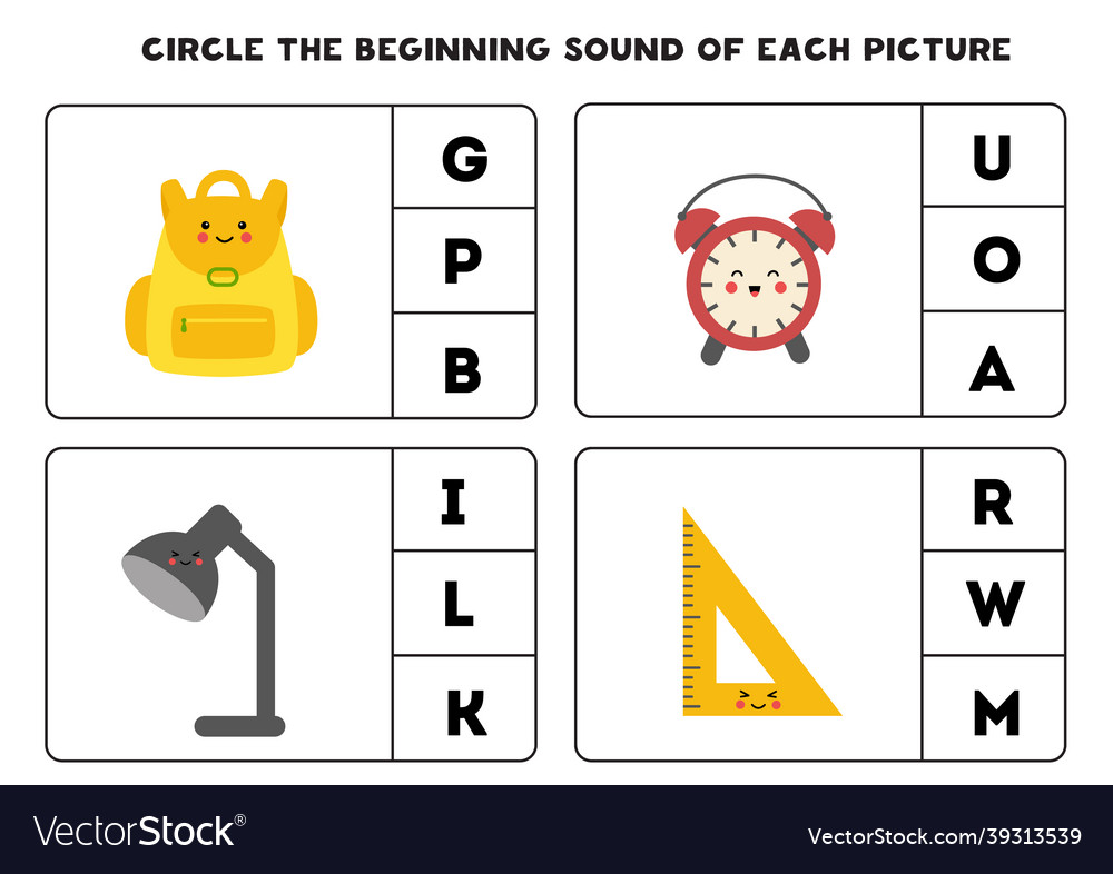 Worksheet for kids find the beginning sound Vector Image