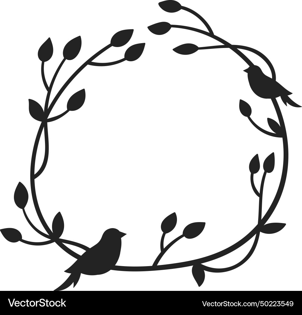 Floral circle frame silhouette with birds Vector Image