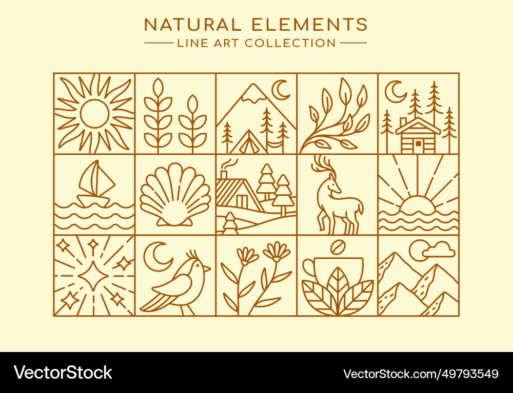 Line art of natural elements collection Royalty Free Vector