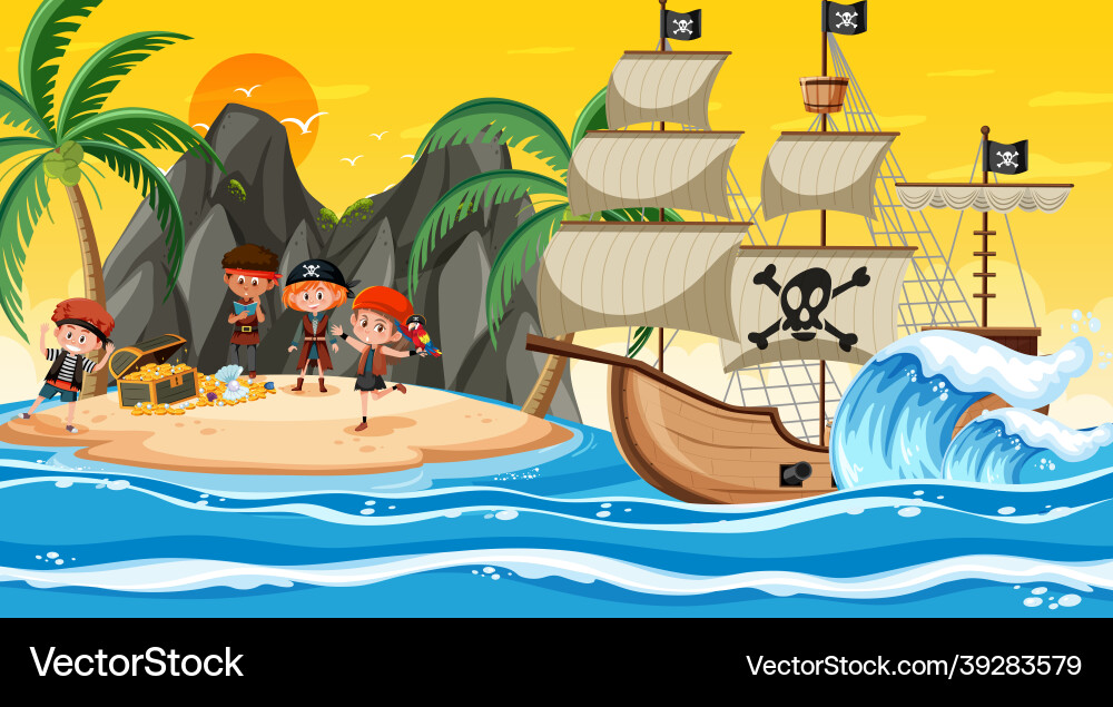 Treasure island scene at sunset time with pirate Vector Image