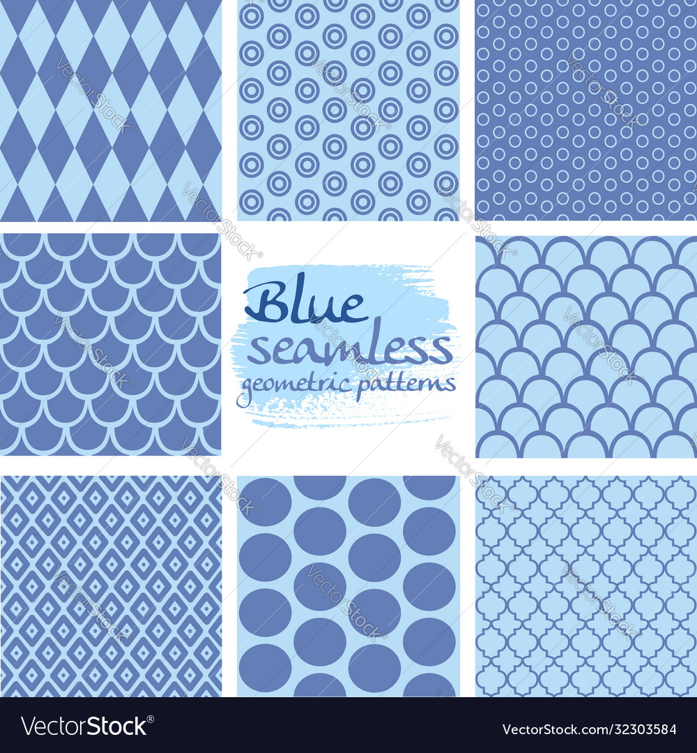 Set blue seamless geometric patterns on white 5 Vector Image
