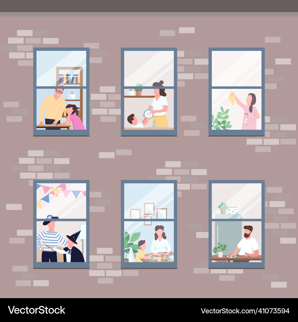 People in different apartments windows flat color Vector Image