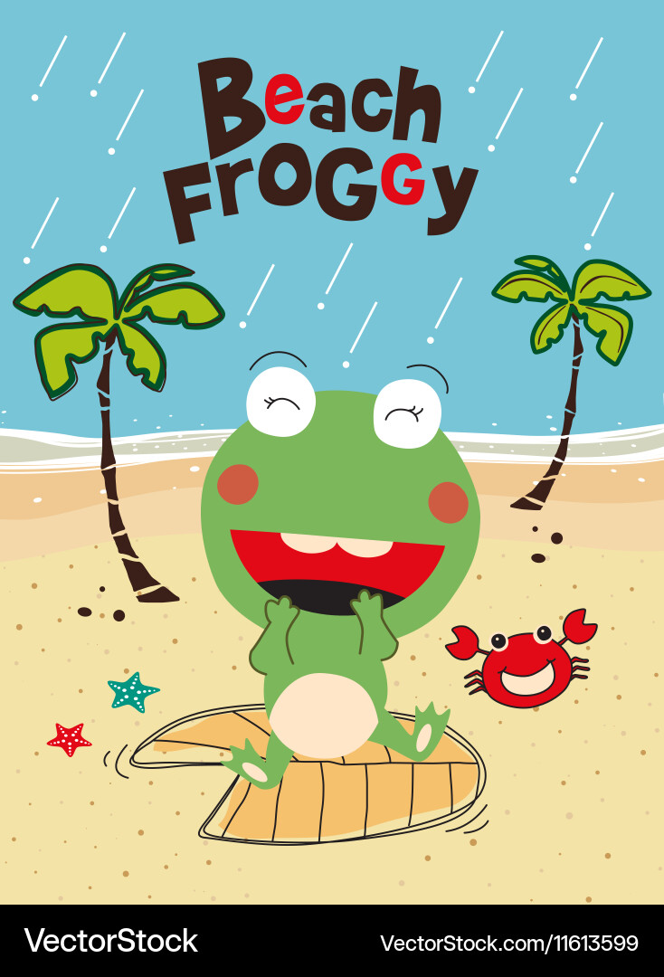 Cute frog in the raining beach Royalty Free Vector Image