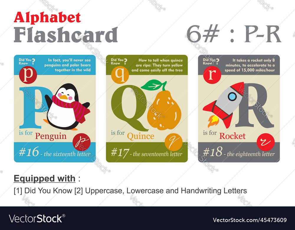 Flashcard alphabet p q r in 3 different color Vector Image