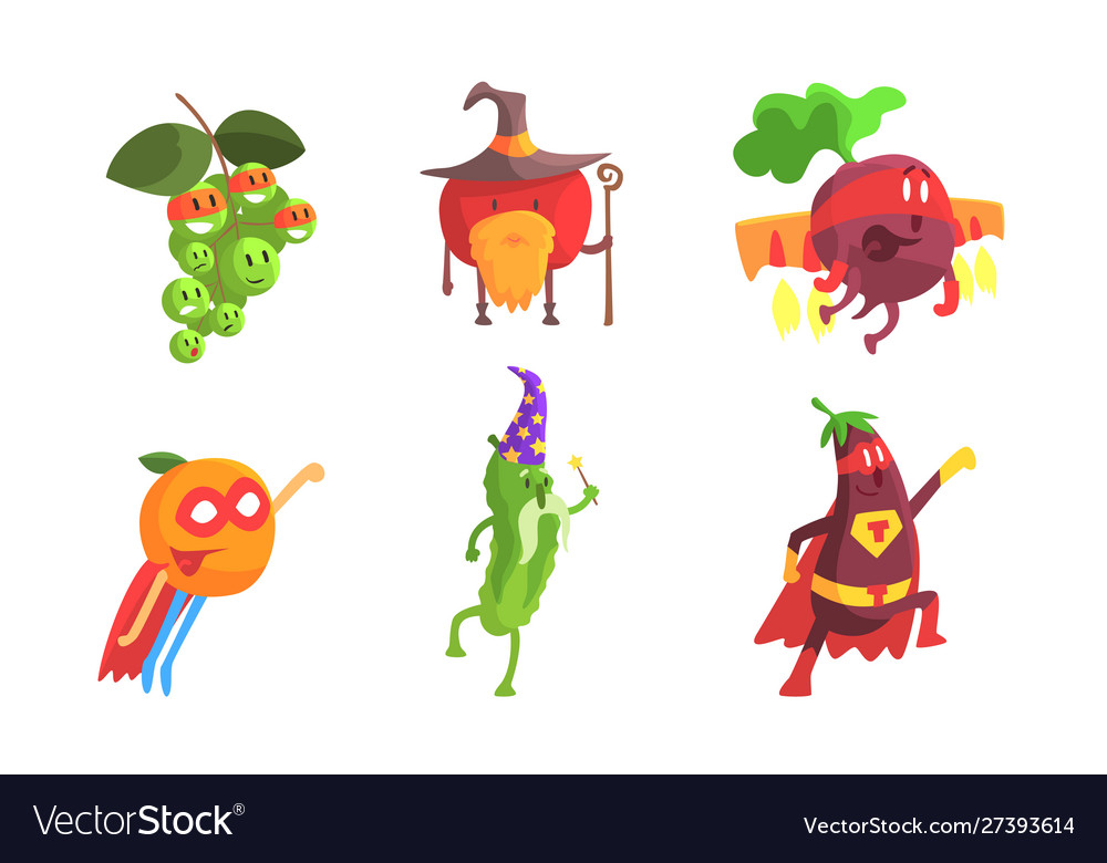 Funny fruits and vegetables characters wearing Vector Image