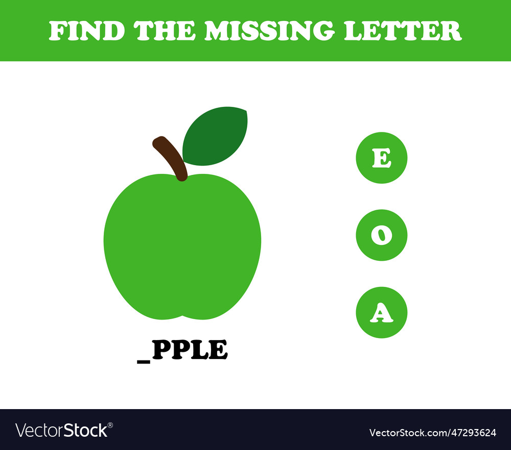 Find the missing letter worksheet for kids apple Vector Image