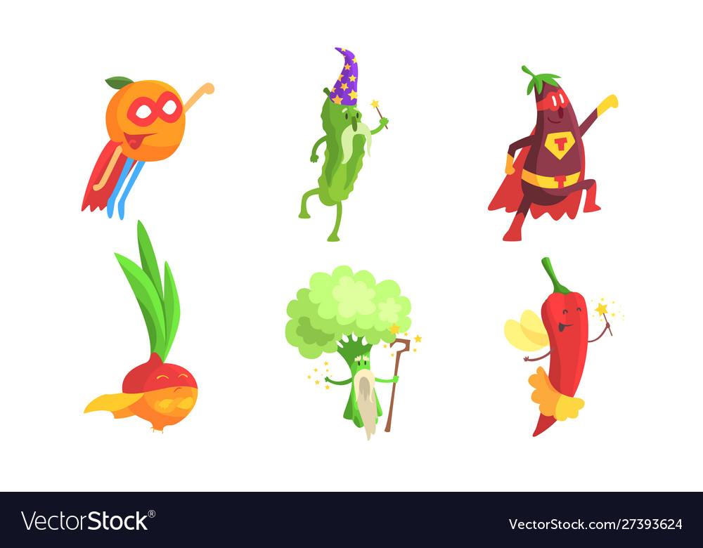 Funny fruits and vegetables characters wearing Vector Image