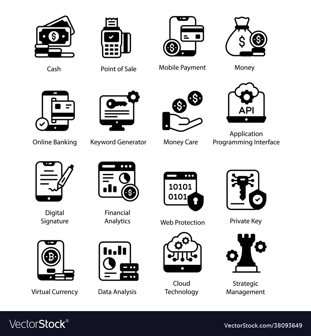 Solid icons fintech industry Royalty Free Vector Image