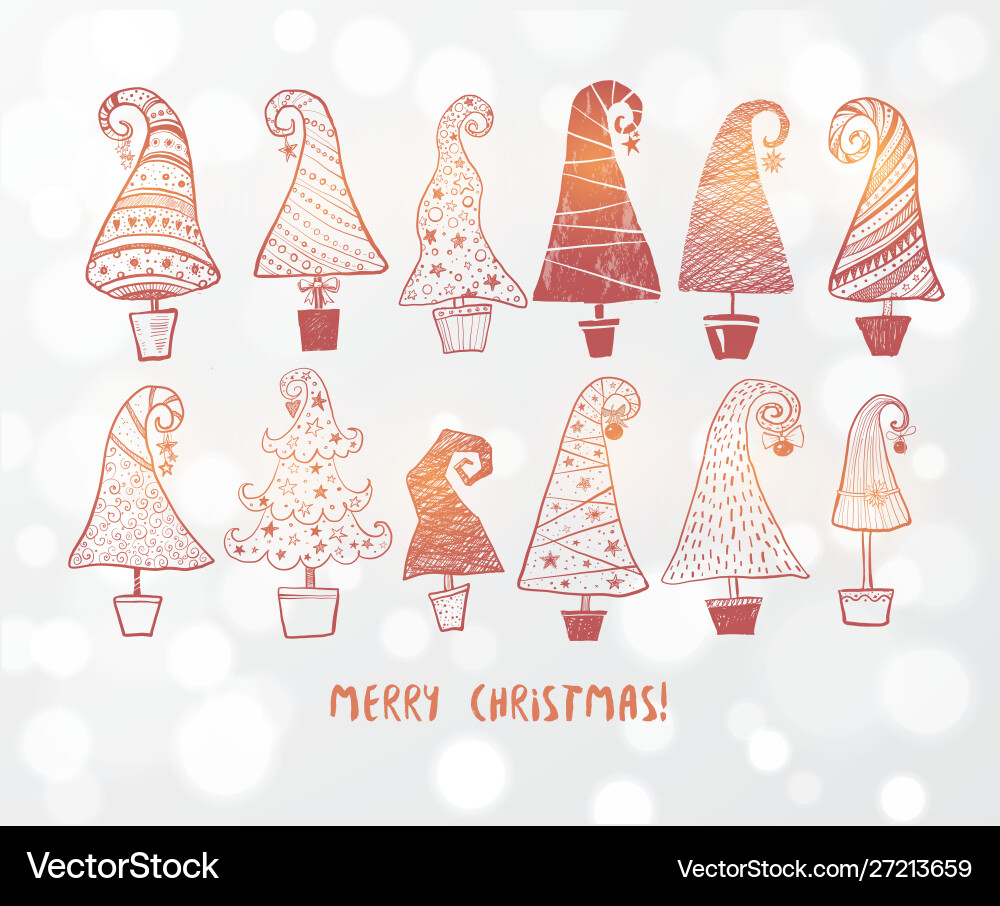 Set doodle christmas trees on white glowing Vector Image