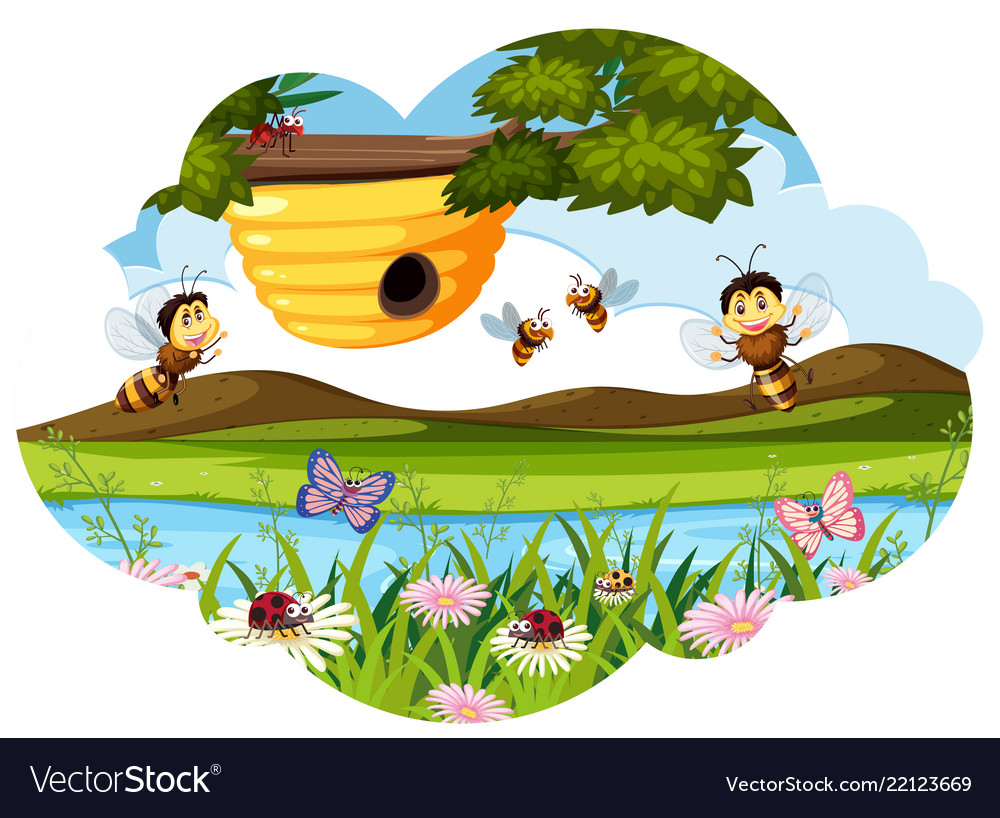 Bees around beehive scene Royalty Free Vector Image Bees around beehive scene Royalty Free Vector Image