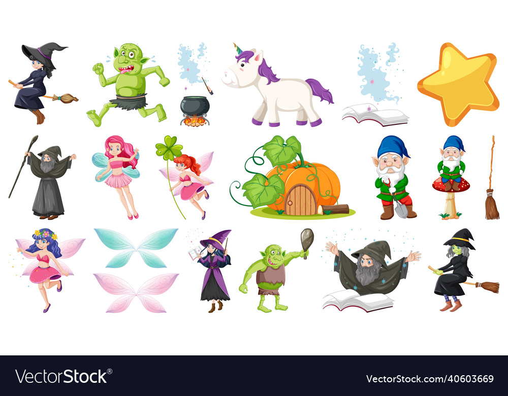 Set of fantasy fairy tale characters and elements Vector Image