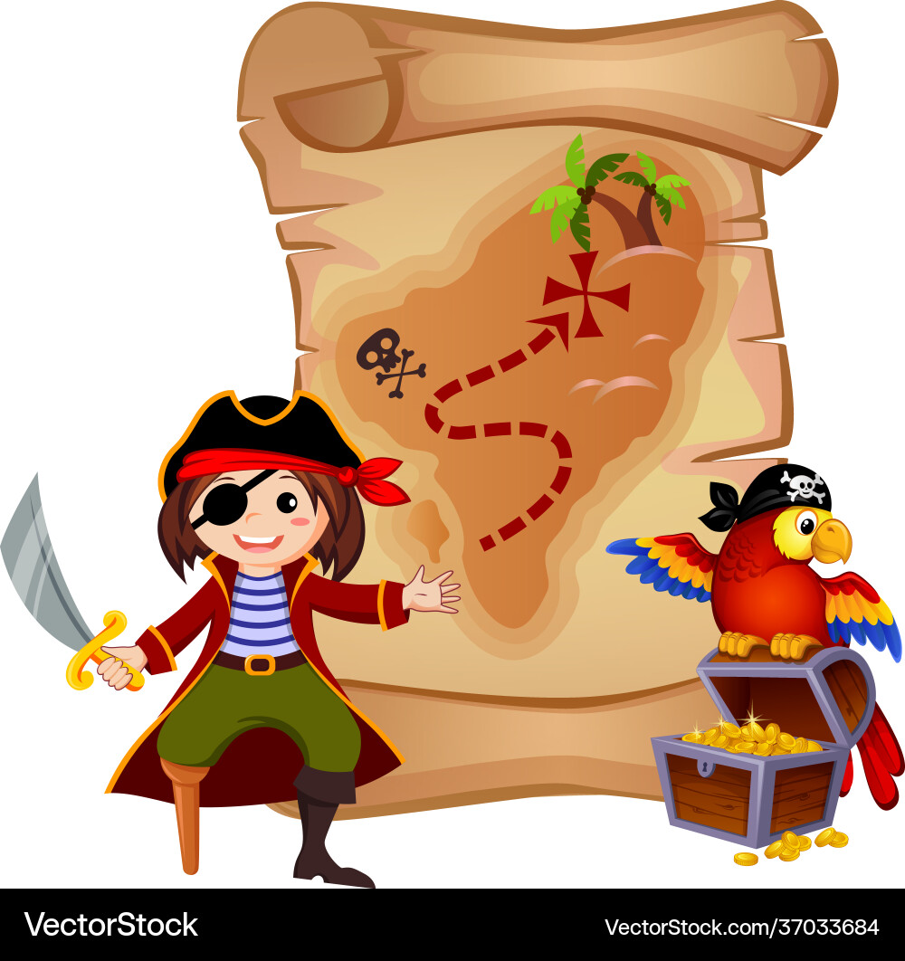Pirate parrot and treasure map Royalty Free Vector Image