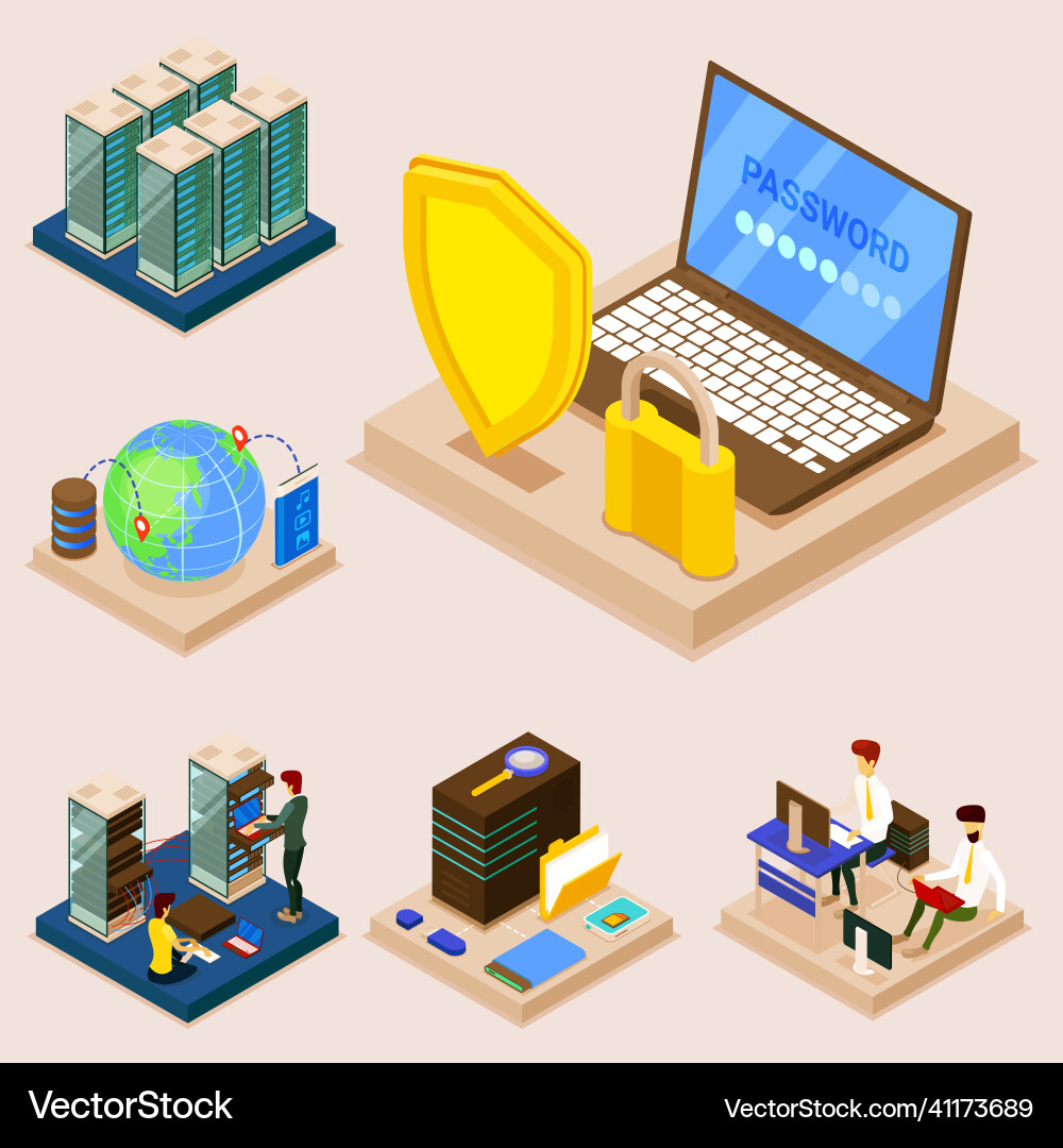 Data center isometric compositions set Royalty Free Vector
