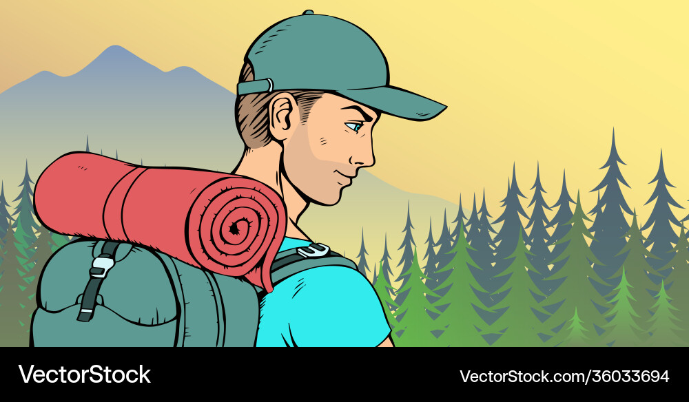 Hiking man with a backpack on background Vector Image