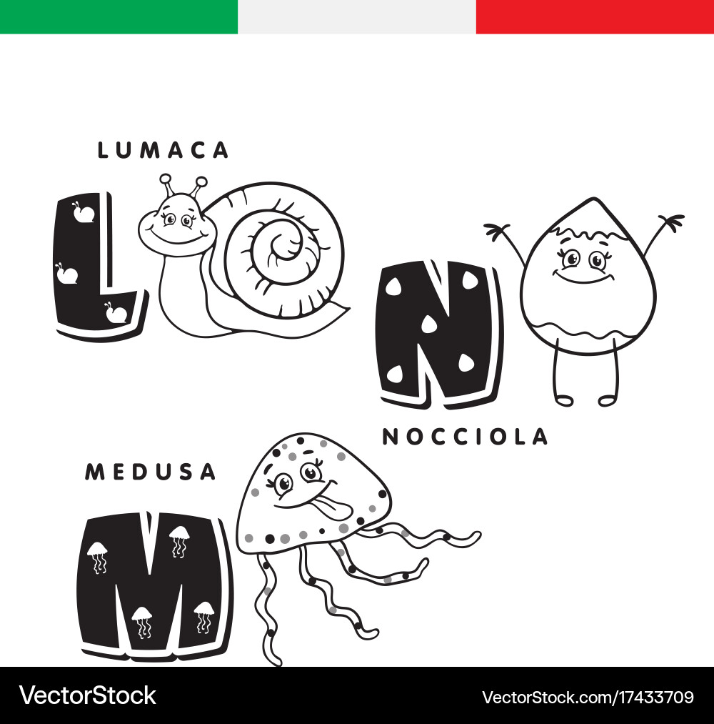 Italian alphabet snail hazelnut jellyfish Vector Image