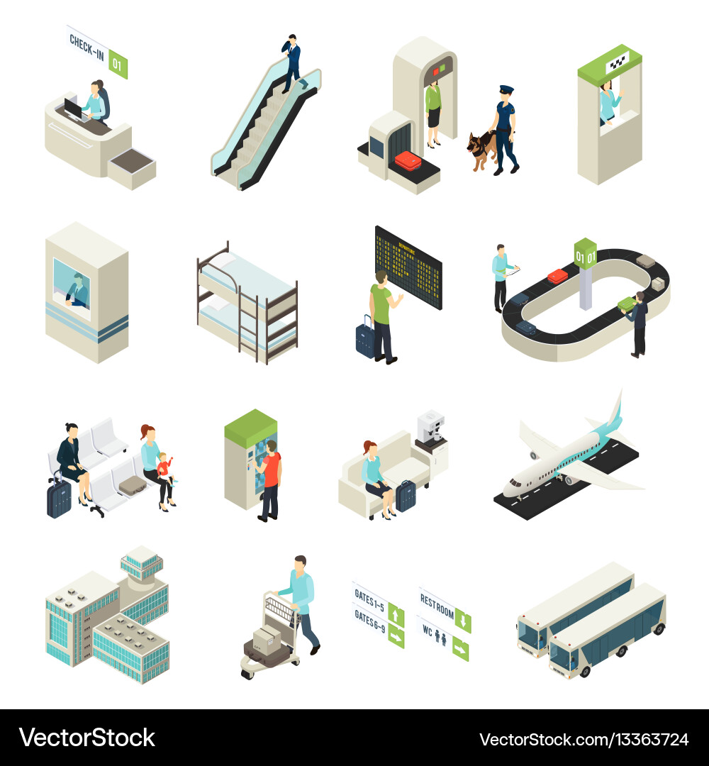 Isometric airport elements set Royalty Free Vector Image