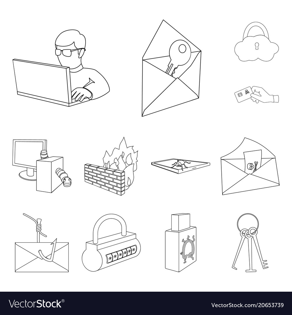 Hacker and hacking outline icons in set collection