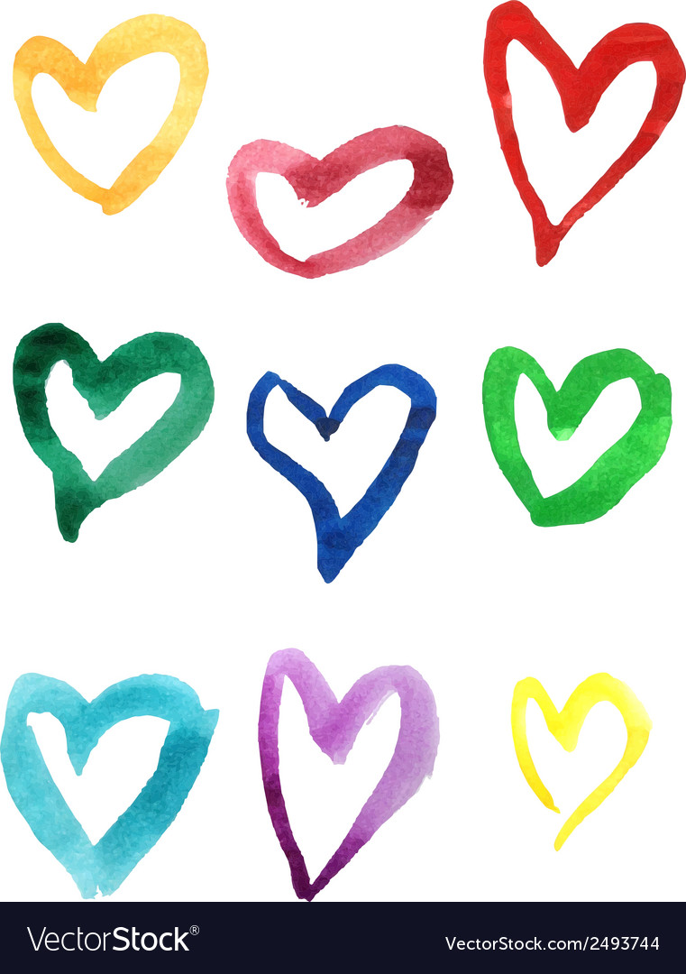 Set of colorful hand drawn watercolor hearts Vector Image
