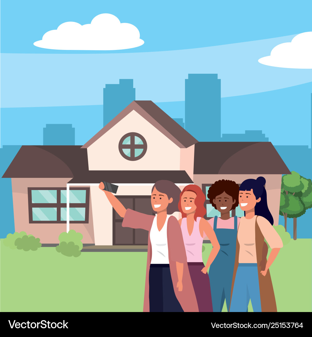 Millennial group in house front porch background Vector Image