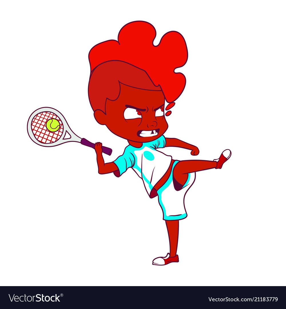 Angry boy beats a tennis ball with racket Vector Image