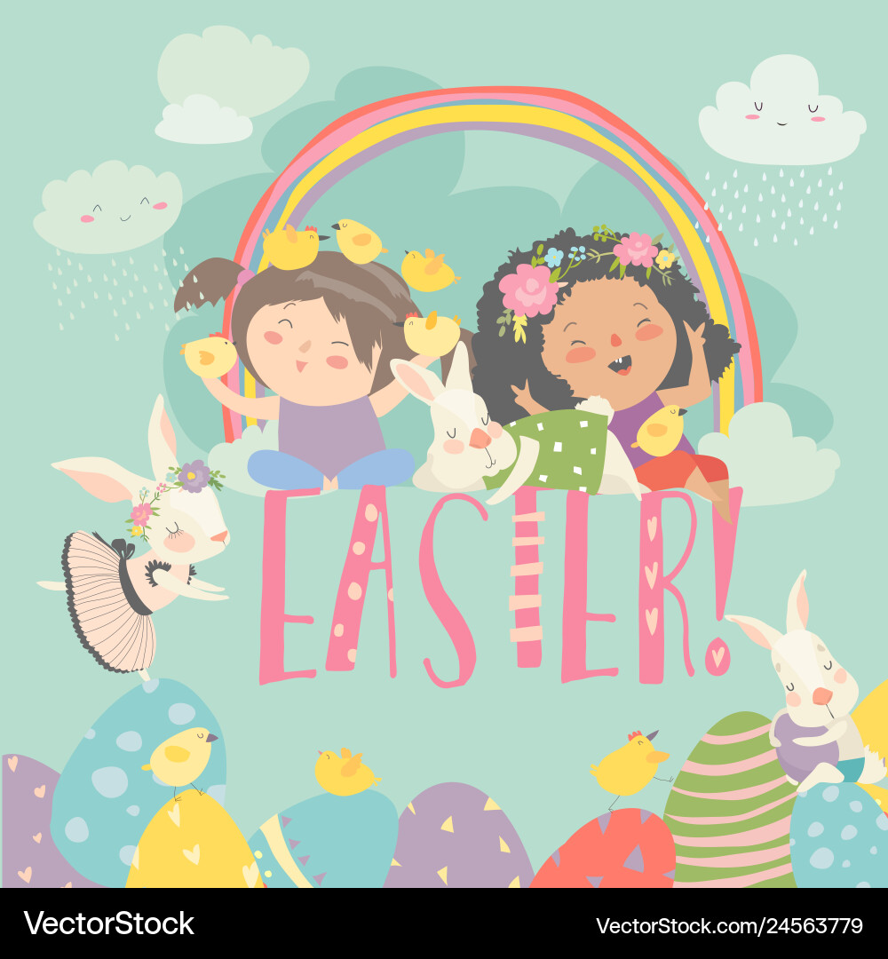 Cute little girls with easter theme happy Vector Image