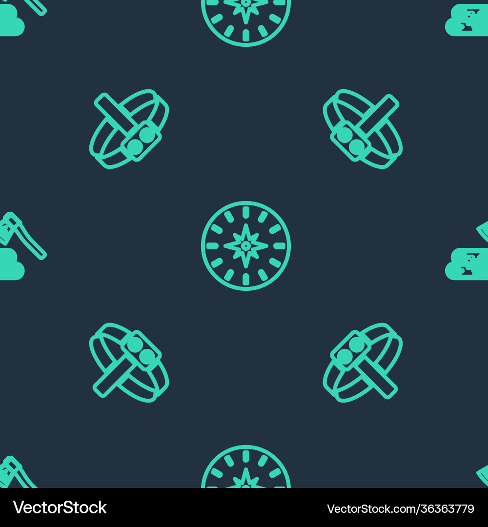Set line compass head flashlight and wooden axe Vector Image