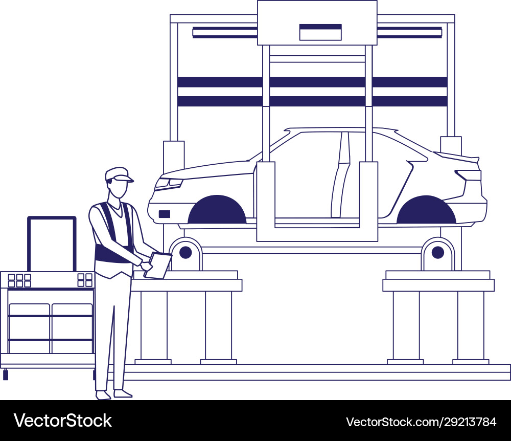 Mechanic lifting a car on machine flat design Vector Image
