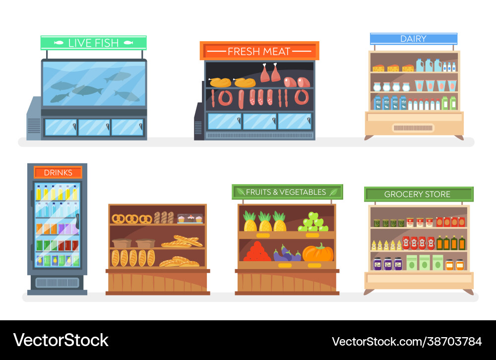 Set racks and refrigerators with food Royalty Free Vector