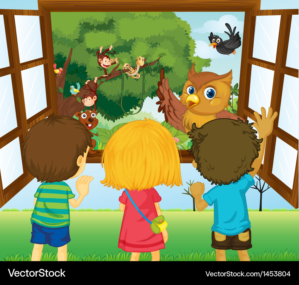 Three kids watching the different animals in the Vector Image