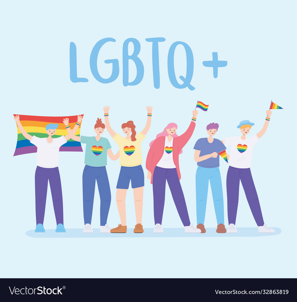 Lgbtq community people hug holding a rainbow flag Vector Image