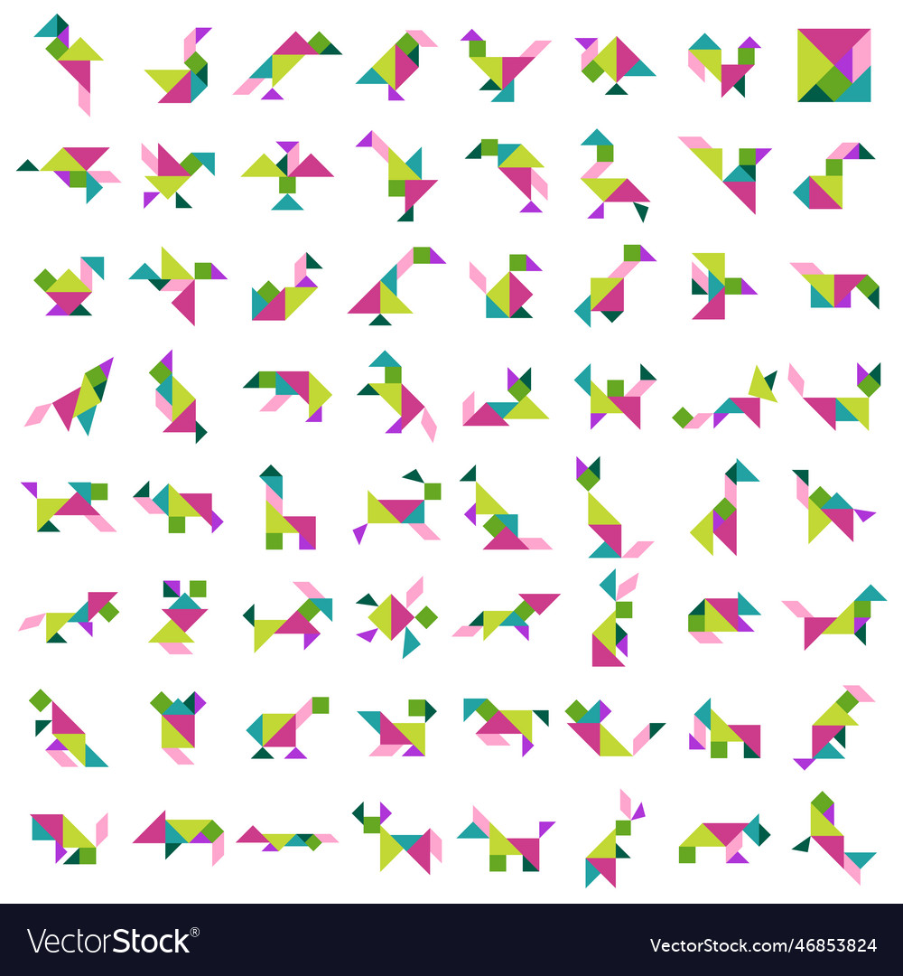 Tangram puzzle set with various animals Royalty Free Vector