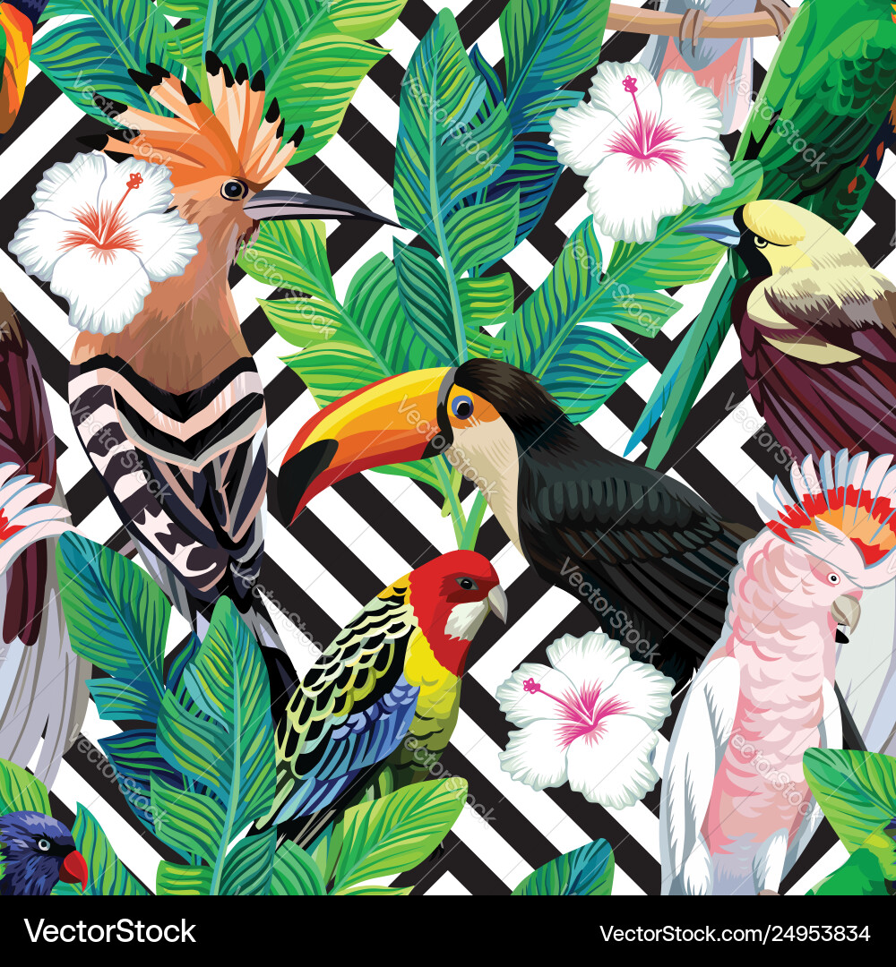 Tropical bird leaves seamless geometric background