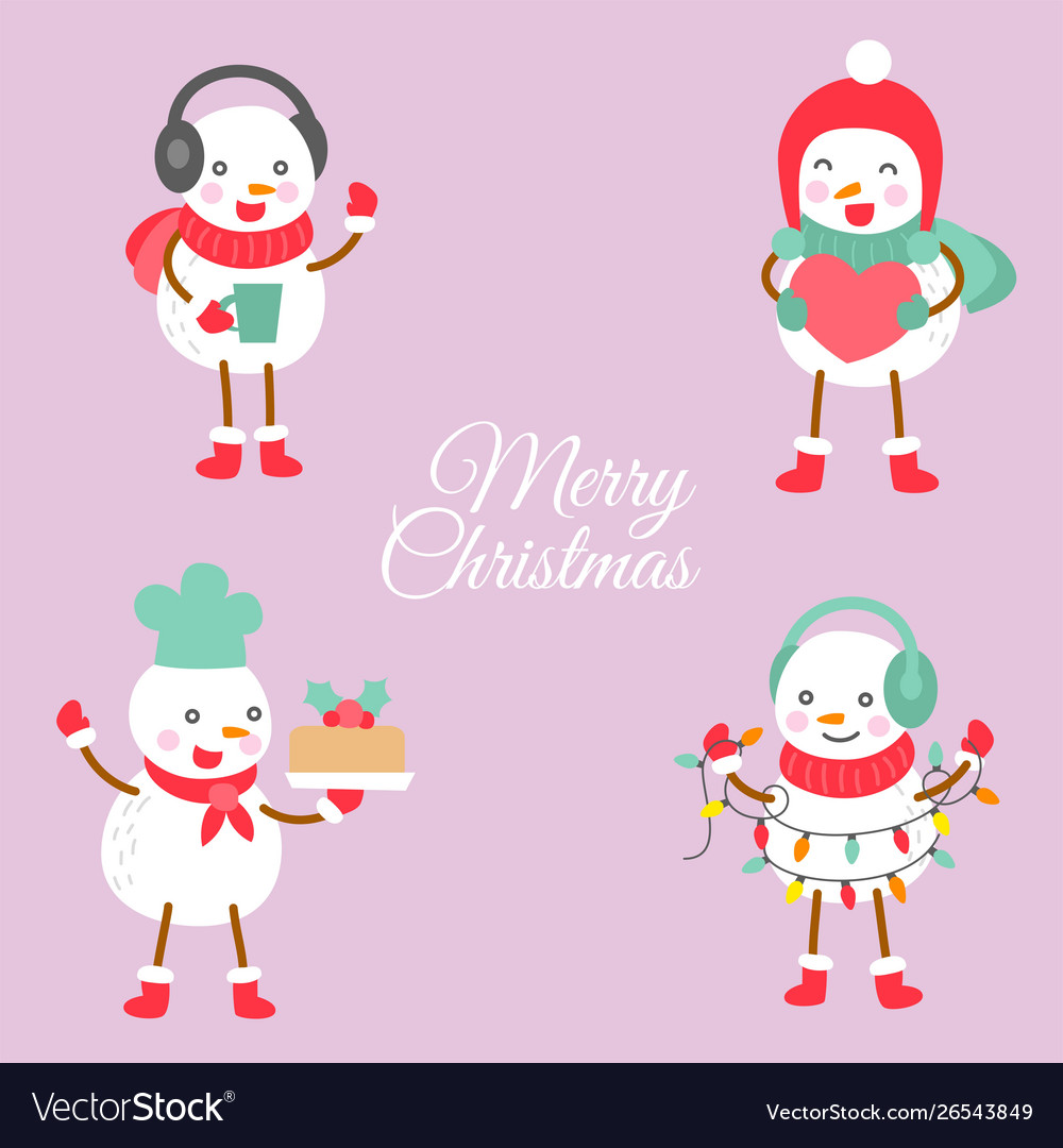 Set cute snowman doodle in flat design Royalty Free Vector