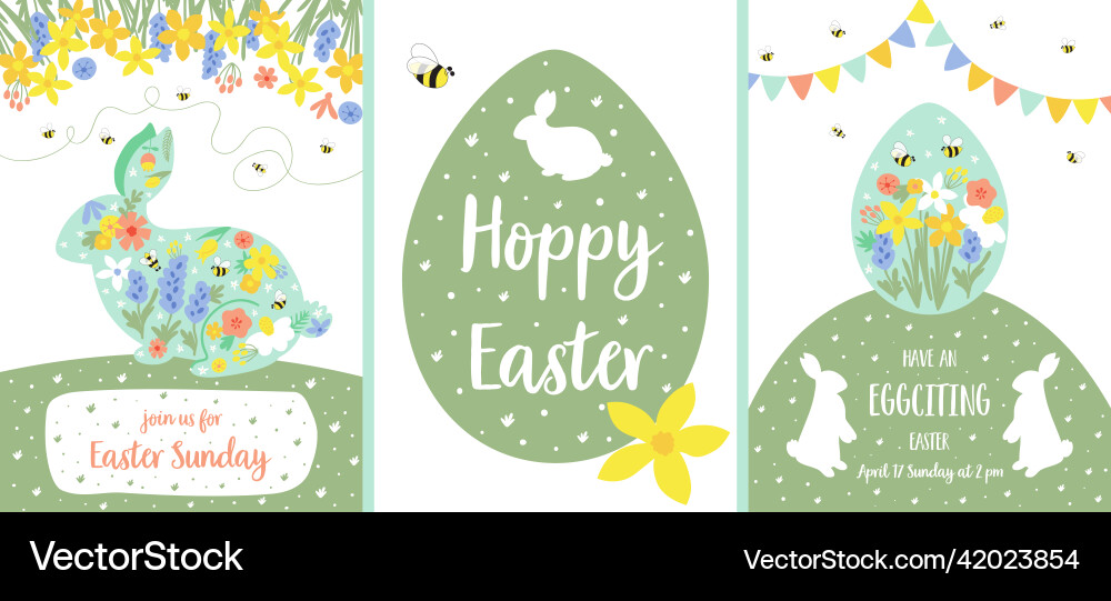 Floral easter poster set rabbit bunny Royalty Free Vector